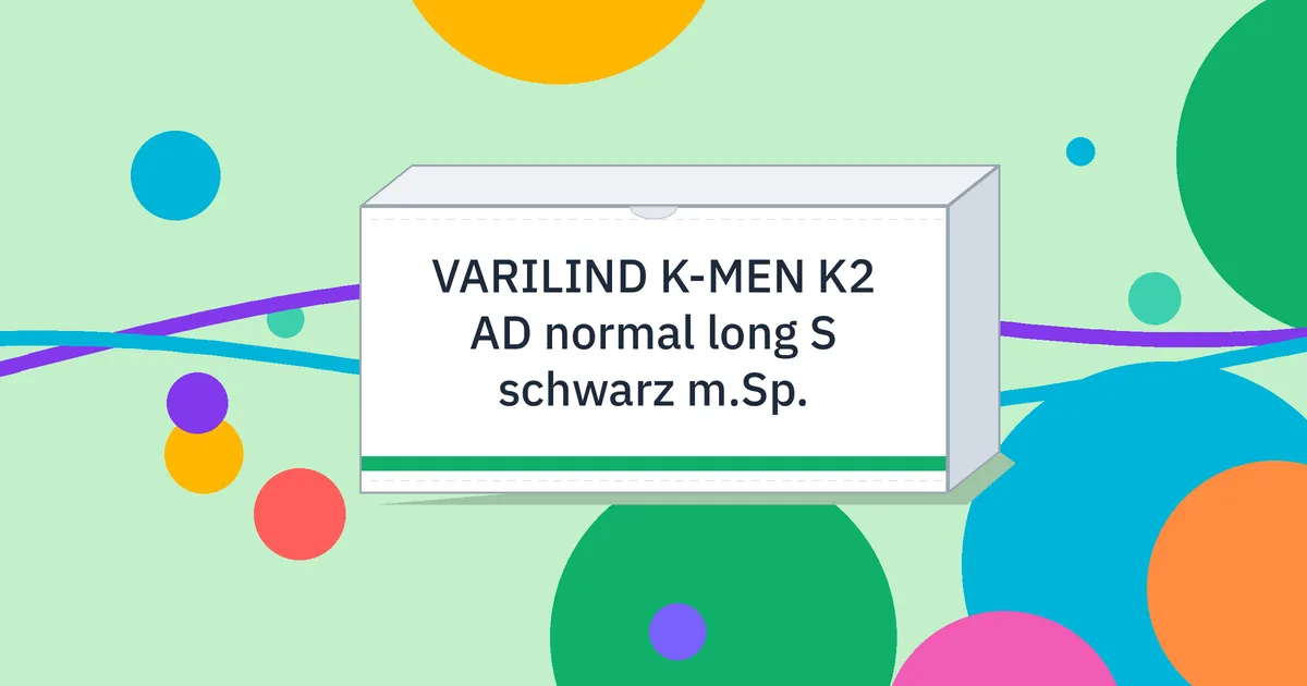 Symbolbild: Packung mit der Aufschrift VARILIND K-MEN K2 AD normal long S schwarz m.Sp. (PZN 20569535) – Verfügbarkeit und Bezug in Apotheken in Frankfurt am Main