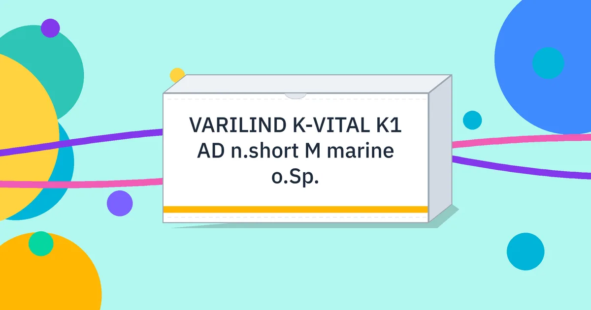 Symbolbild: Packung mit der Aufschrift VARILIND K-VITAL K1 AD n.short M marine o.Sp. (PZN 20566382) – Verfügbarkeit und Bezug in Apotheken in Frankfurt am Main