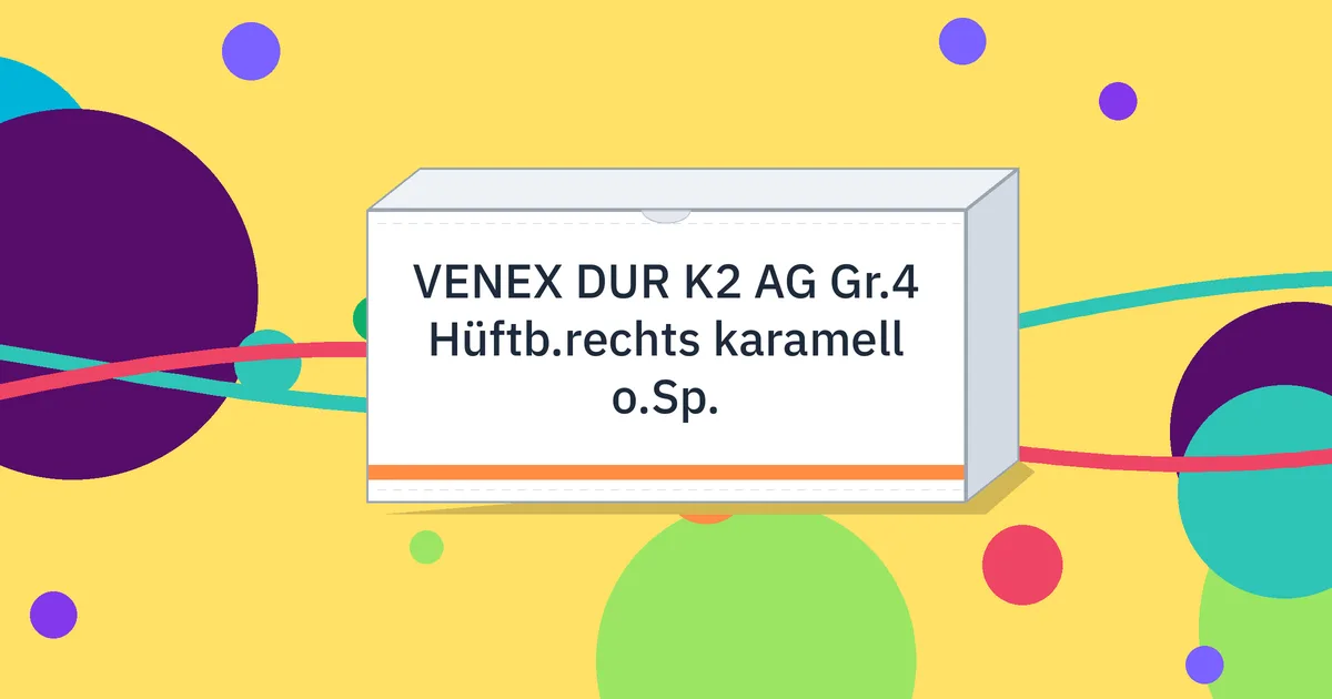 Symbolbild: Packung mit der Aufschrift VENEX DUR K2 AG Gr.4 Hüftb.rechts karamell o.Sp. (PZN 13761284) – Verfügbarkeit und Bezug in Apotheken in Frankfurt am Main