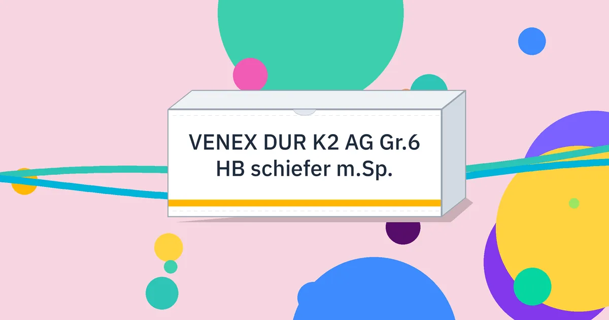 Symbolbild: Packung mit der Aufschrift VENEX DUR K2 AG Gr.6 HB schiefer m.Sp. (PZN 03218981) – Verfügbarkeit und Bezug in Apotheken in Frankfurt am Main