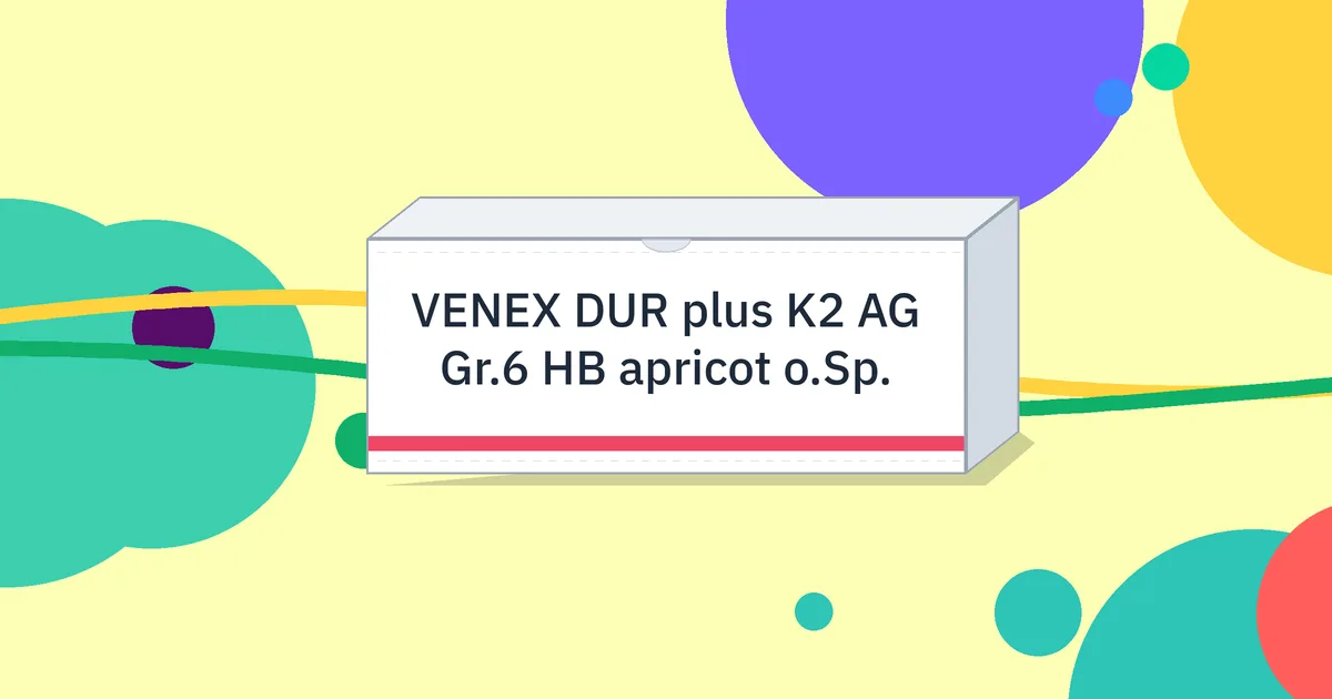 Symbolbild: Packung mit der Aufschrift VENEX DUR plus K2 AG Gr.6 HB apricot o.Sp. (PZN 03237524) – Verfügbarkeit und Bezug in Apotheken in Frankfurt am Main