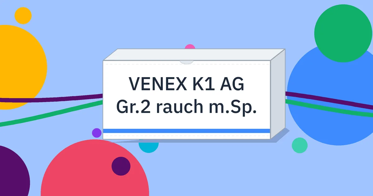 Symbolbild: Packung mit der Aufschrift VENEX K1 AG Gr.2 rauch m.Sp. (PZN 03186672) – Verfügbarkeit und Bezug in Apotheken in Frankfurt am Main
