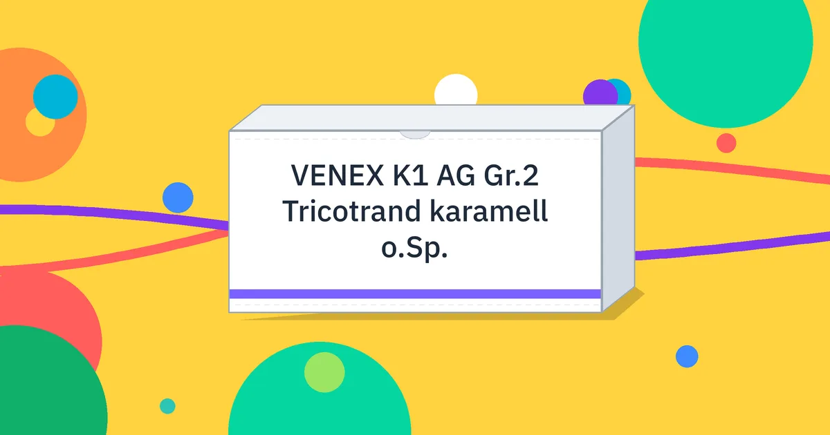 Symbolbild: Packung mit der Aufschrift VENEX K1 AG Gr.2 Tricotrand karamell o.Sp. (PZN 13762705) – Verfügbarkeit und Bezug in Apotheken in Frankfurt am Main