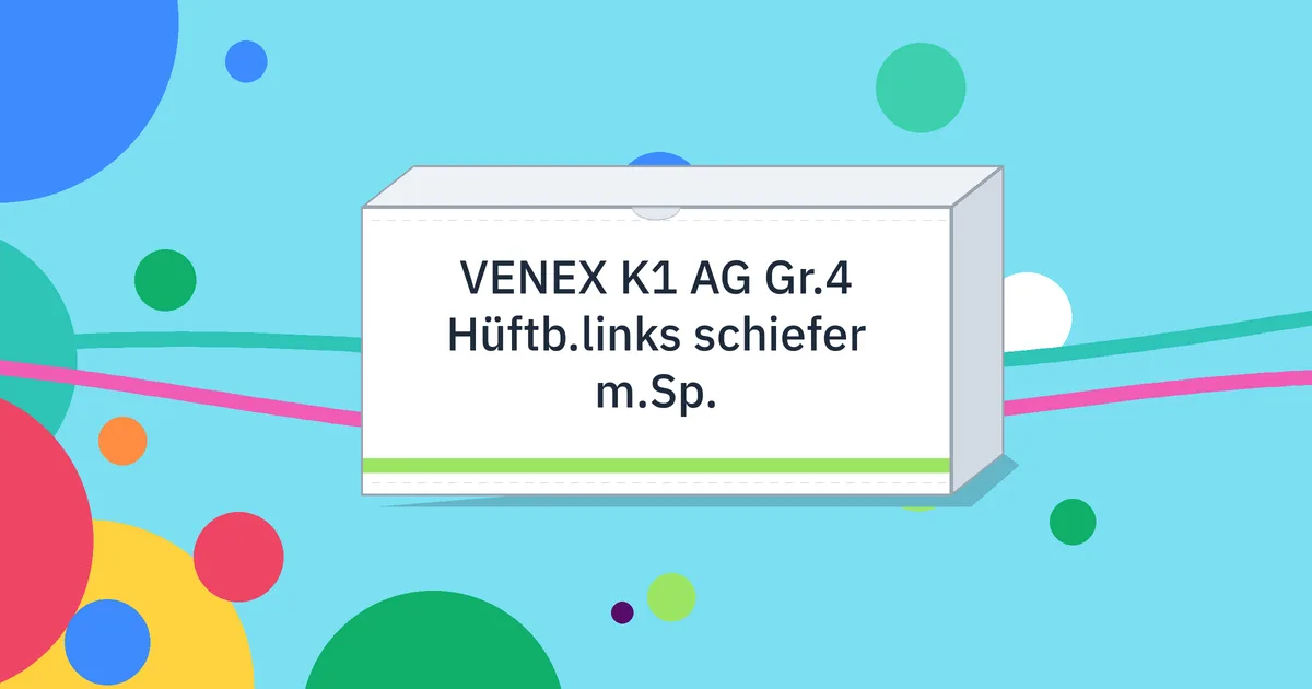 Symbolbild: Packung mit der Aufschrift VENEX K1 AG Gr.4 Hüftb.links schiefer m.Sp. (PZN 03200662) – Verfügbarkeit und Bezug in Apotheken in Frankfurt am Main
