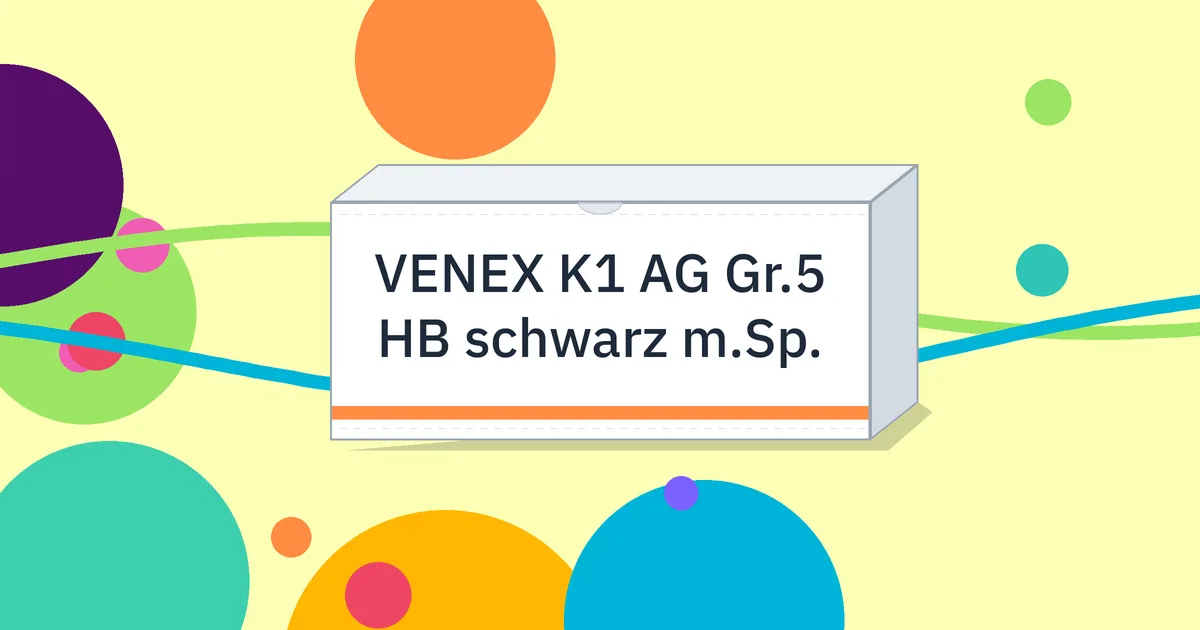Symbolbild: Packung mit der Aufschrift VENEX K1 AG Gr.5 HB schwarz m.Sp. (PZN 03192419) – Verfügbarkeit und Bezug in Apotheken in Frankfurt am Main
