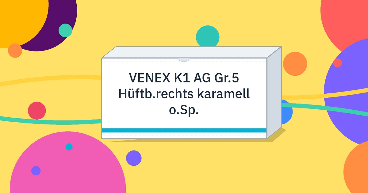 Symbolbild: Packung mit der Aufschrift VENEX K1 AG Gr.5 Hüftb.rechts karamell o.Sp. (PZN 13761025) – Verfügbarkeit und Bezug in Apotheken in Frankfurt am Main