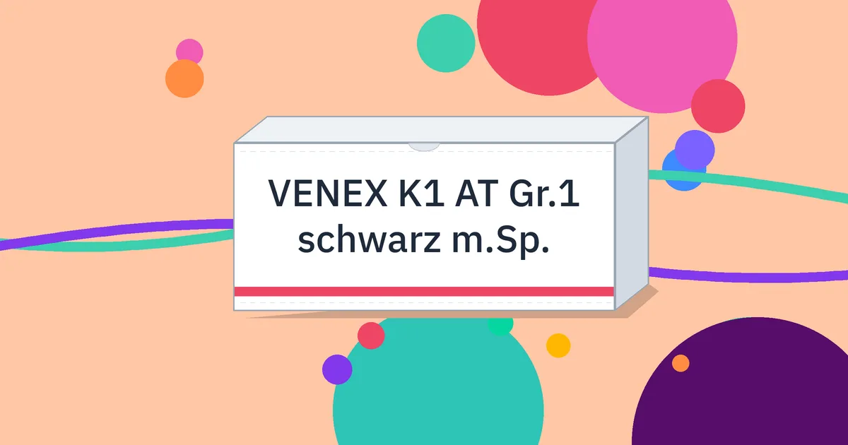 Symbolbild: Packung mit der Aufschrift VENEX K1 AT Gr.1 schwarz m.Sp. (PZN 03196653) – Verfügbarkeit und Bezug in Apotheken in Frankfurt am Main