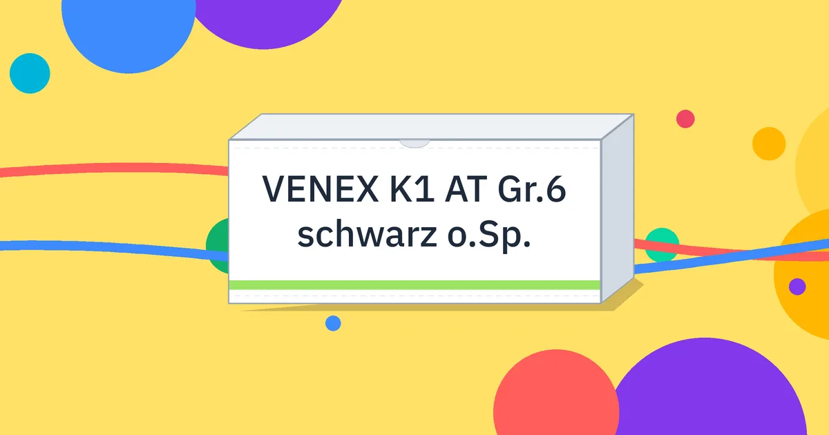 Symbolbild: Packung mit der Aufschrift VENEX K1 AT Gr.6 schwarz o.Sp. (PZN 03198646) – Verfügbarkeit und Bezug in Apotheken in Frankfurt am Main