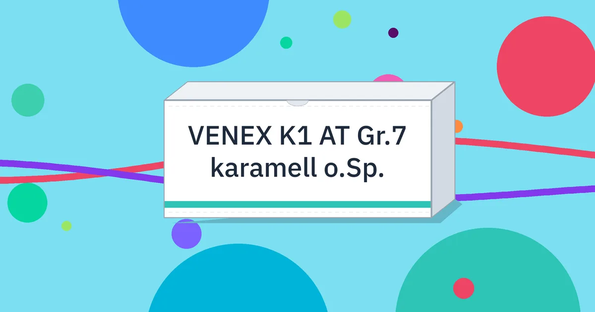 Symbolbild: Packung mit der Aufschrift VENEX K1 AT Gr.7 karamell o.Sp. (PZN 13759293) – Verfügbarkeit und Bezug in Apotheken in Frankfurt am Main