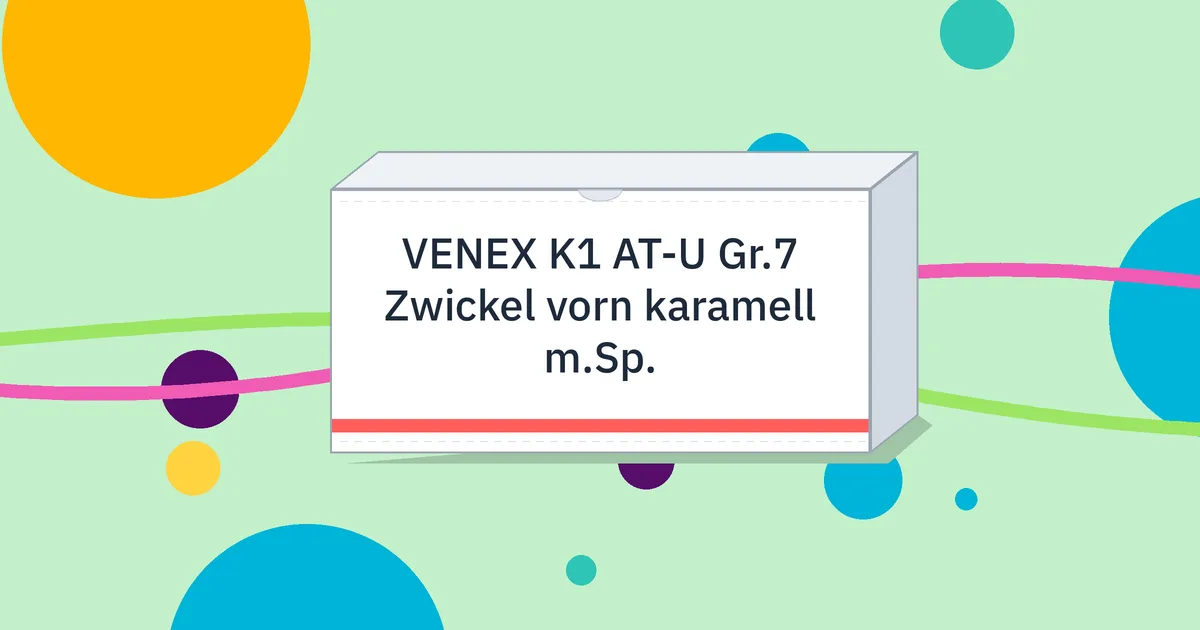 Symbolbild: Packung mit der Aufschrift VENEX K1 AT-U Gr.7 Zwickel vorn karamell m.Sp. (PZN 13759382) – Verfügbarkeit und Bezug in Apotheken in Frankfurt am Main