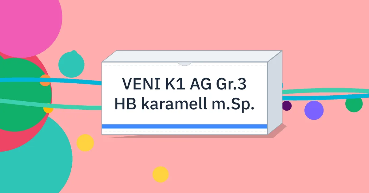 Symbolbild: Packung mit der Aufschrift VENI K1 AG Gr.3 HB karamell m.Sp. (PZN 13756389) – Verfügbarkeit und Bezug in Apotheken in Frankfurt am Main