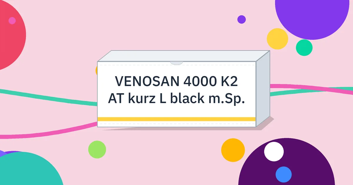 Symbolbild: Packung mit der Aufschrift VENOSAN 4000 K2 AT kurz L black m.Sp. (PZN 14427587) – Verfügbarkeit und Bezug in Apotheken in Frankfurt am Main