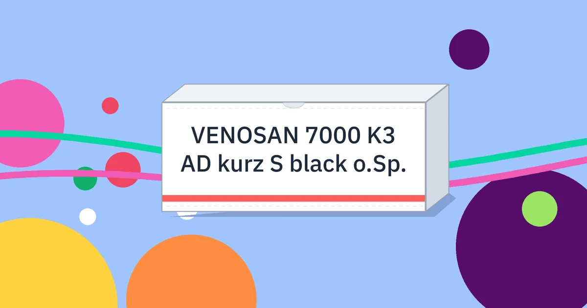 Symbolbild: Packung mit der Aufschrift VENOSAN 7000 K3 AD kurz S black o.Sp. (PZN 14436184) – Verfügbarkeit und Bezug in Apotheken in Frankfurt am Main
