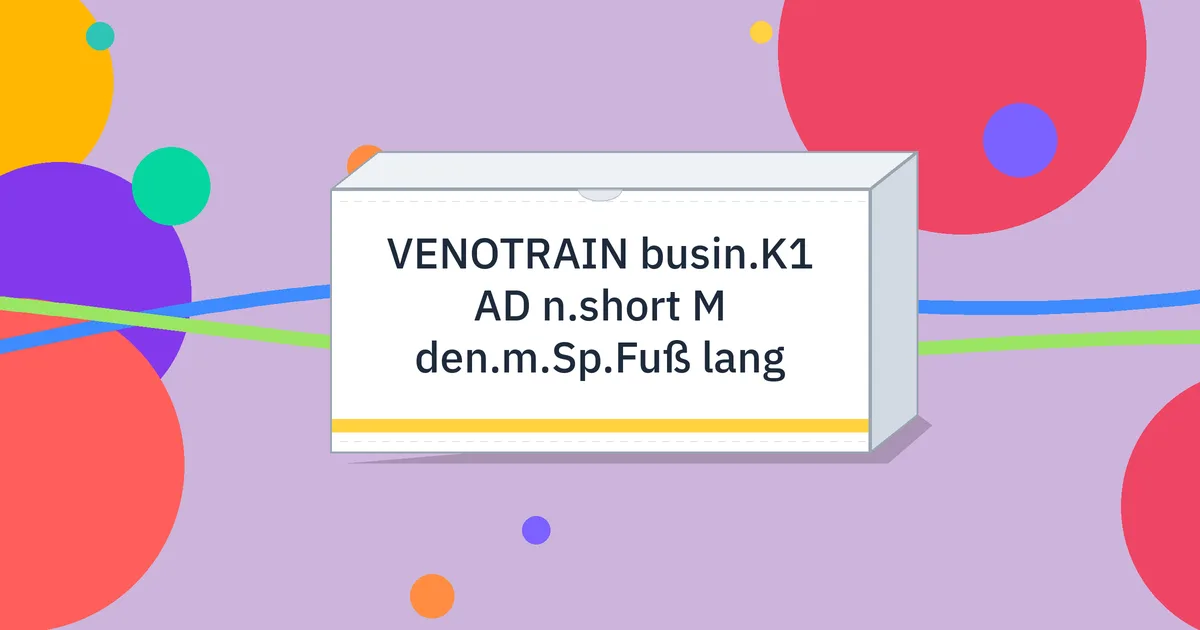 Symbolbild: Packung mit der Aufschrift VENOTRAIN busin.K1 AD n.short M den.m.Sp.Fuß lang (PZN 19056581) – Verfügbarkeit und Bezug in Apotheken in Frankfurt am Main