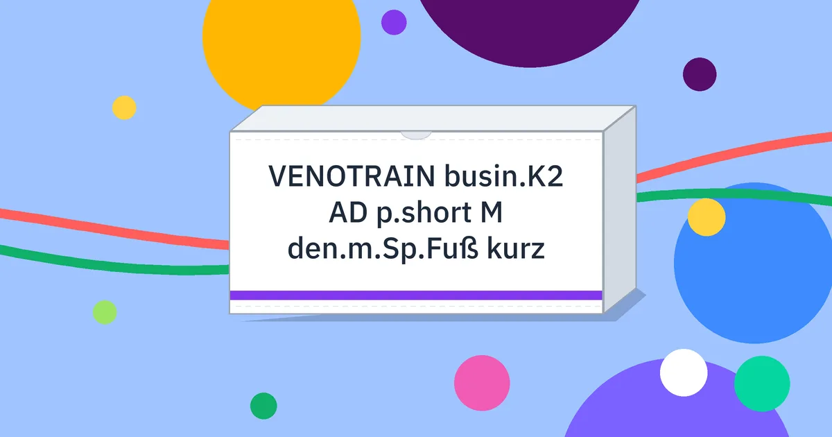 Symbolbild: Packung mit der Aufschrift VENOTRAIN busin.K2 AD p.short M den.m.Sp.Fuß kurz (PZN 19057830) – Verfügbarkeit und Bezug in Apotheken in Frankfurt am Main