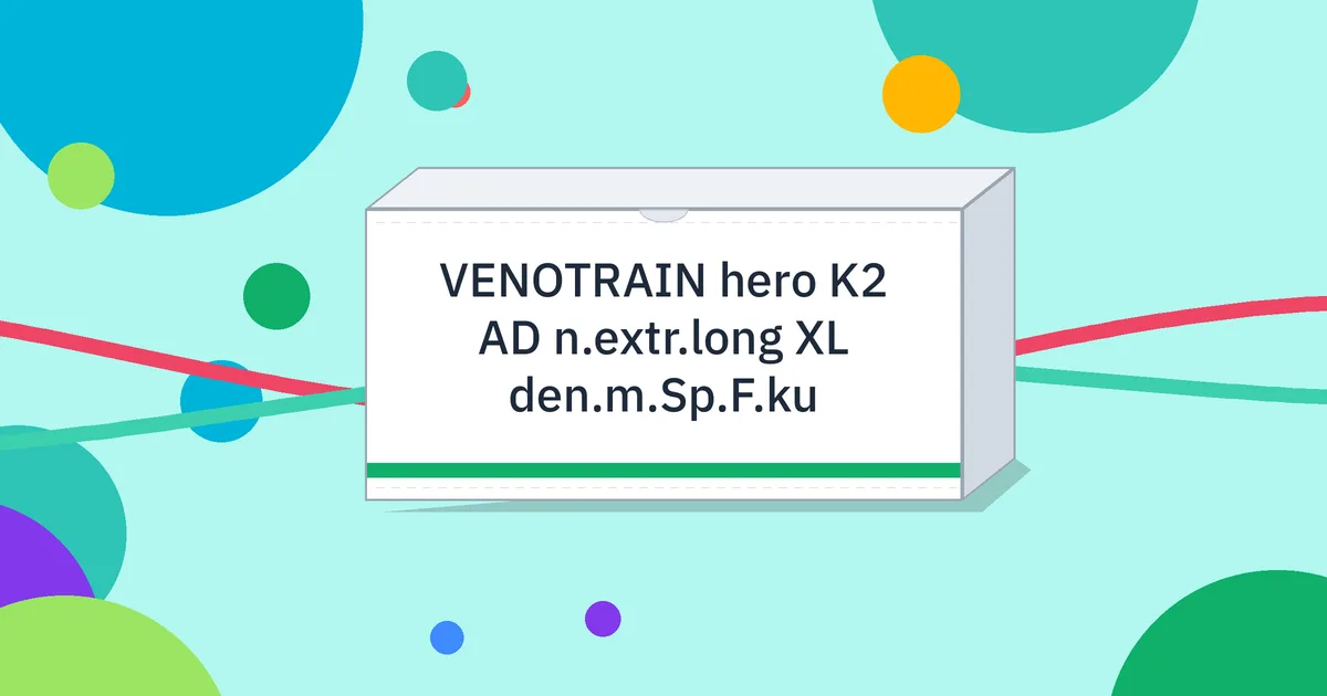 Symbolbild: Packung mit der Aufschrift VENOTRAIN hero K2 AD n.extr.long XL den.m.Sp.F.ku (PZN 19190859) – Verfügbarkeit und Bezug in Apotheken in Frankfurt am Main