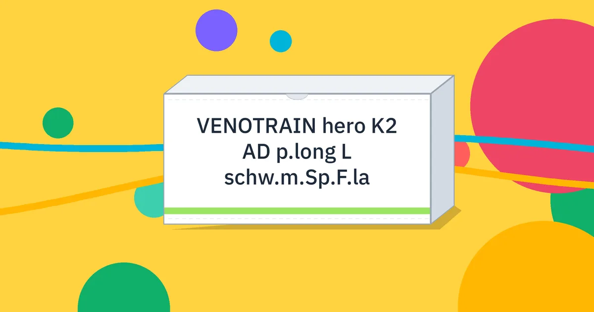 Symbolbild: Packung mit der Aufschrift VENOTRAIN hero K2 AD p.long L schw.m.Sp.F.la (PZN 19190055) – Verfügbarkeit und Bezug in Apotheken in Frankfurt am Main