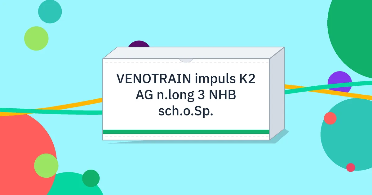 Symbolbild: Packung mit der Aufschrift VENOTRAIN impuls K2 AG n.long 3 NHB sch.o.Sp. (PZN 00520283) – Verfügbarkeit und Bezug in Apotheken in Frankfurt am Main