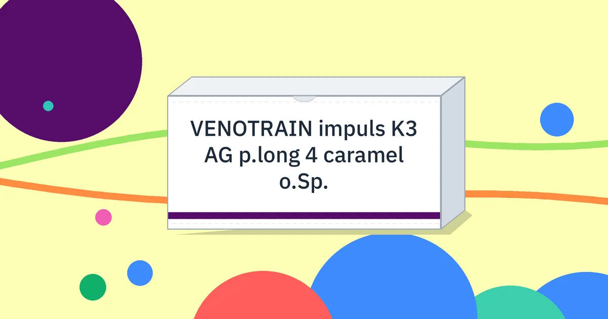 Symbolbild: Packung mit der Aufschrift VENOTRAIN impuls K3 AG p.long 4 caramel o.Sp. (PZN 08421422) – Verfügbarkeit und Bezug in Apotheken in Frankfurt am Main