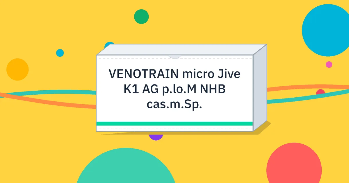 Symbolbild: Packung mit der Aufschrift VENOTRAIN micro Jive K1 AG p.lo.M NHB cas.m.Sp. (PZN 20767554) – Verfügbarkeit und Bezug in Apotheken in Frankfurt am Main