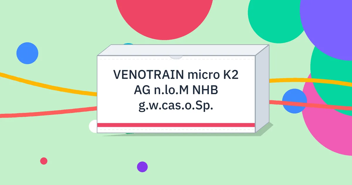 Symbolbild: Packung mit der Aufschrift VENOTRAIN micro K2 AG n.lo.M NHB g.w.cas.o.Sp. (PZN 20761793) – Verfügbarkeit und Bezug in Apotheken in Frankfurt am Main