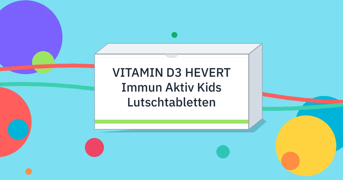 Symbolbild: Packung mit der Aufschrift VITAMIN D3 HEVERT Immun Aktiv Kids Lutschtabletten (PZN 19972409) – Verfügbarkeit und Bezug in Apotheken in Frankfurt am Main