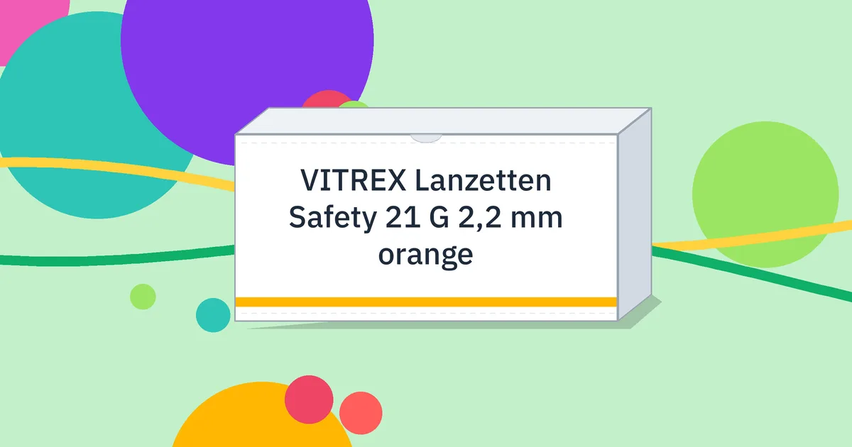 Symbolbild: Packung mit der Aufschrift VITREX Lanzetten Safety 21 G 2,2 mm orange (PZN 09678212) – Verfügbarkeit und Bezug in Apotheken in Frankfurt am Main