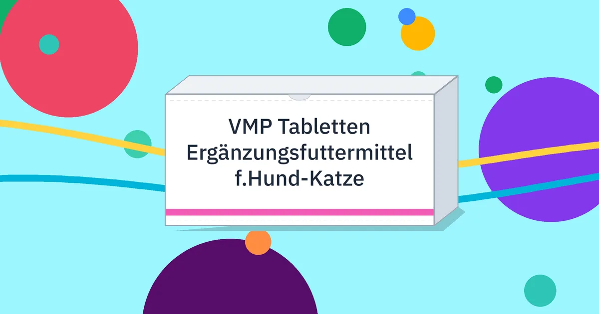 Symbolbild: Packung mit der Aufschrift VMP Tabletten Ergänzungsfuttermittel f.Hund-Katze (PZN 11283610) – Verfügbarkeit und Bezug in Apotheken in Frankfurt am Main