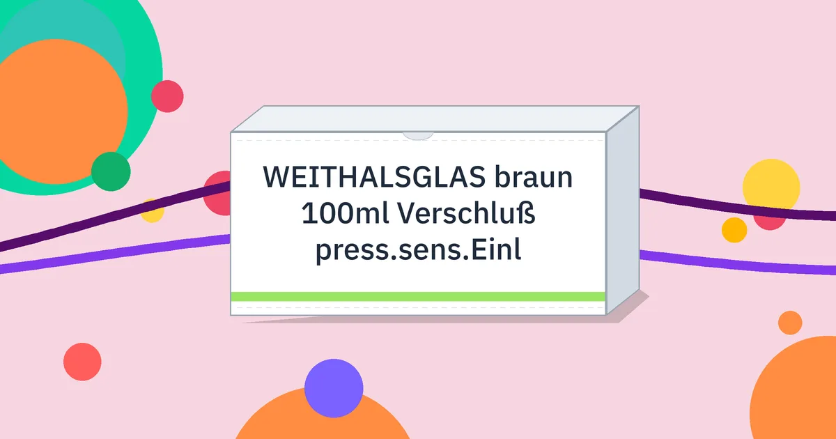 Symbolbild: Packung mit der Aufschrift WEITHALSGLAS braun 100ml Verschluß press.sens.Einl (PZN 19964350) – Verfügbarkeit und Bezug in Apotheken in Frankfurt am Main