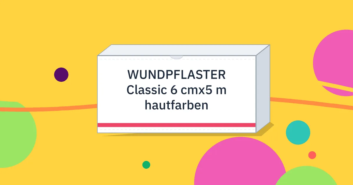 Symbolbild: Packung mit der Aufschrift WUNDPFLASTER Classic 6 cmx5 m hautfarben (PZN 18098040) – Verfügbarkeit und Bezug in Apotheken in Frankfurt am Main