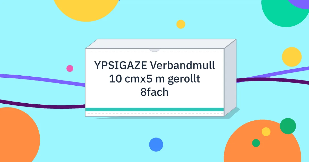 Symbolbild: Packung mit der Aufschrift YPSIGAZE Verbandmull 10 cmx5 m gerollt 8fach (PZN 12604424) – Verfügbarkeit und Bezug in Apotheken in Frankfurt am Main