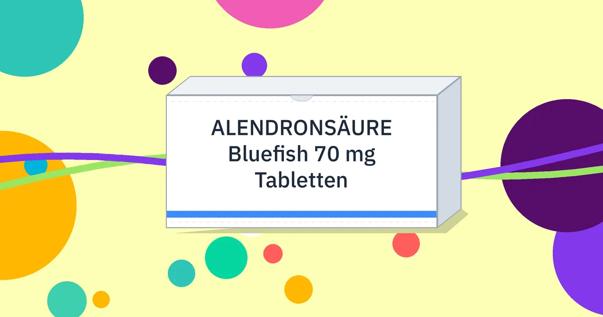 Symbolbild: Packung mit der Aufschrift ALENDRONSÄURE Bluefish 70 mg Tabletten (PZN 19979676) – Verfügbarkeit und Bezug in Apotheken in Frankfurt am Main
