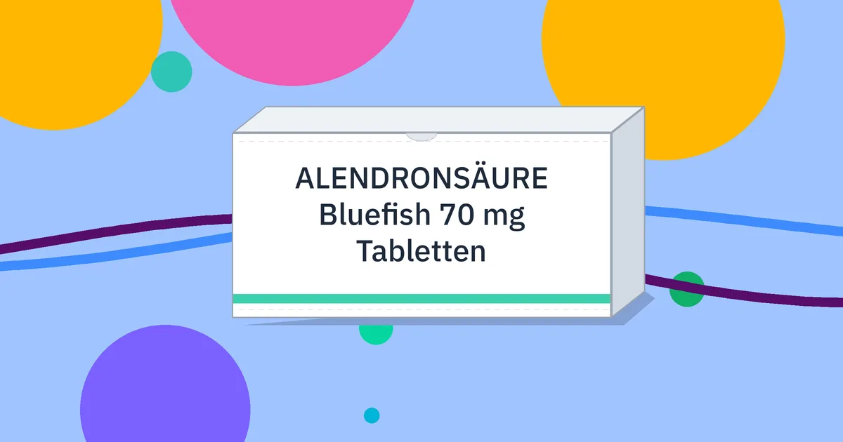 Symbolbild: Packung mit der Aufschrift ALENDRONSÄURE Bluefish 70 mg Tabletten (PZN 20412348) – Verfügbarkeit und Bezug in Apotheken in Frankfurt am Main