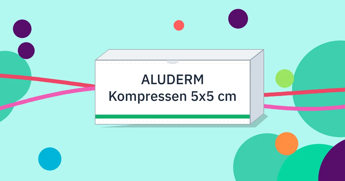 Symbolbild: Packung mit der Aufschrift ALUDERM Kompressen 5x5 cm (PZN 03446073) – Verfügbarkeit und Bezug in Apotheken in Frankfurt am Main
