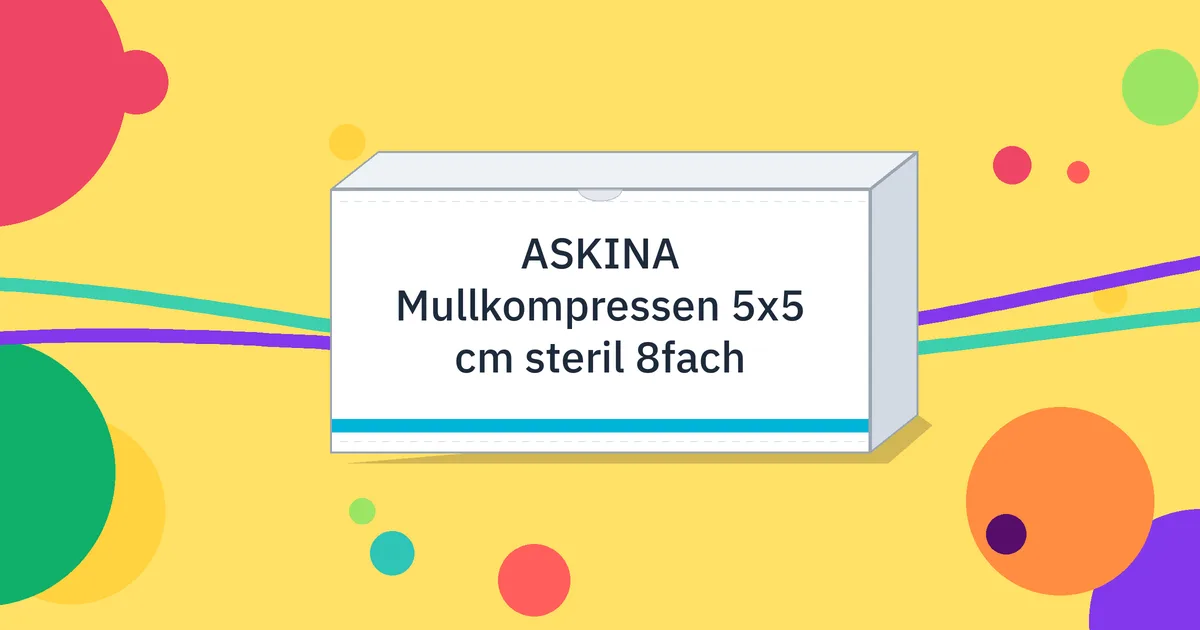 Symbolbild: Packung mit der Aufschrift ASKINA Mullkompressen 5x5 cm steril 8fach (PZN 11310703) – Verfügbarkeit und Bezug in Apotheken in Frankfurt am Main