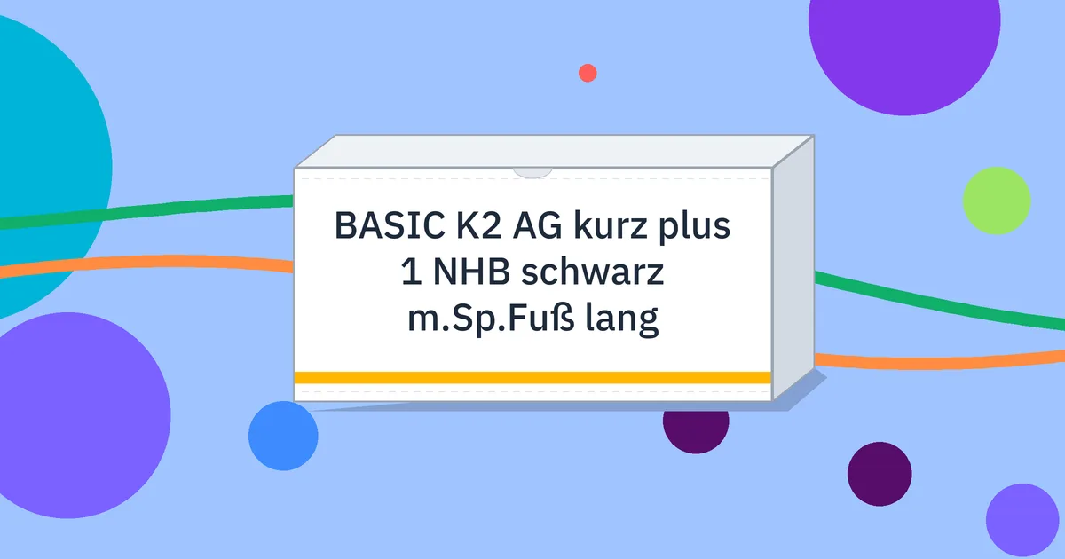 Symbolbild: Packung mit der Aufschrift BASIC K2 AG kurz plus 1 NHB schwarz m.Sp.Fuß lang (PZN 20266154) – Verfügbarkeit und Bezug in Apotheken in Frankfurt am Main