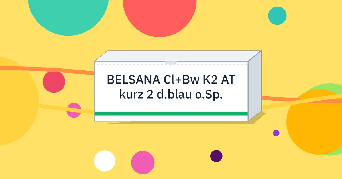 Symbolbild: Packung mit der Aufschrift BELSANA Cl+Bw K2 AT kurz 2 d.blau o.Sp. (PZN 15627785) – Verfügbarkeit und Bezug in Apotheken in Frankfurt am Main