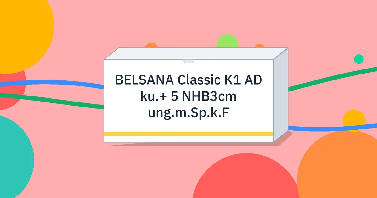Symbolbild: Packung mit der Aufschrift BELSANA Classic K1 AD ku.+ 5 NHB3cm ung.m.Sp.k.F (PZN 19256943) – Verfügbarkeit und Bezug in Apotheken in Frankfurt am Main