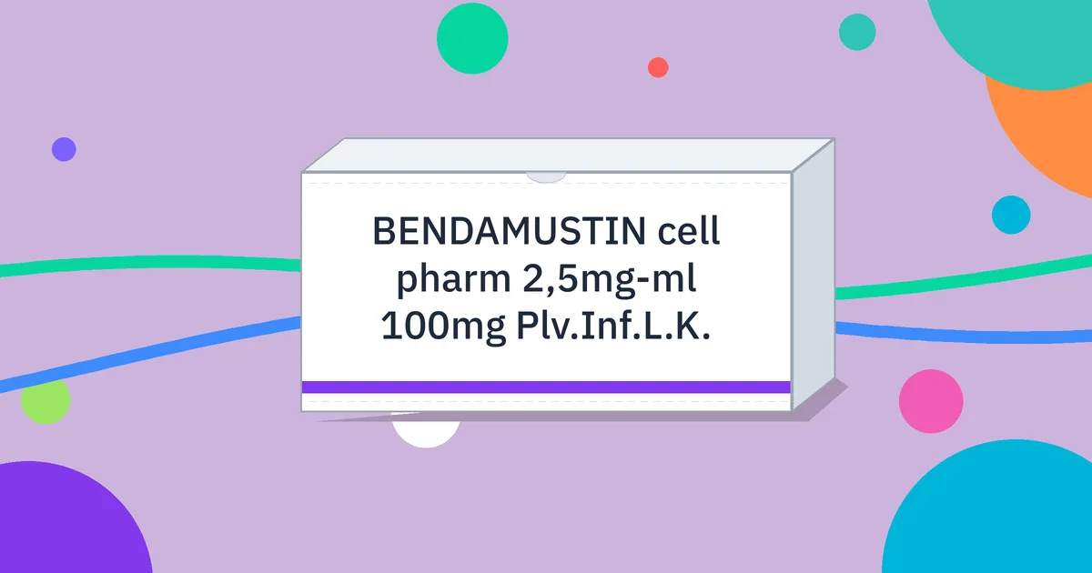 Symbolbild: Packung mit der Aufschrift BENDAMUSTIN cell pharm 2,5mg-ml 100mg Plv.Inf.L.K. (PZN 11510721) – Verfügbarkeit und Bezug in Apotheken in Frankfurt am Main