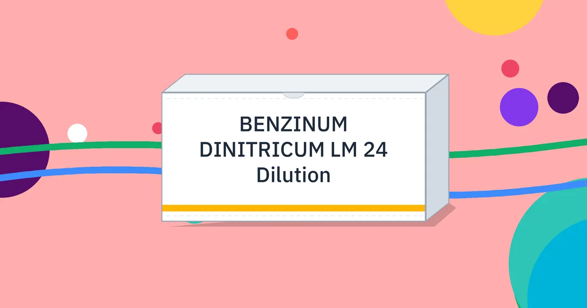 Symbolbild: Packung mit der Aufschrift BENZINUM DINITRICUM LM 24 Dilution (PZN 13382492) – Verfügbarkeit und Bezug in Apotheken in Frankfurt am Main