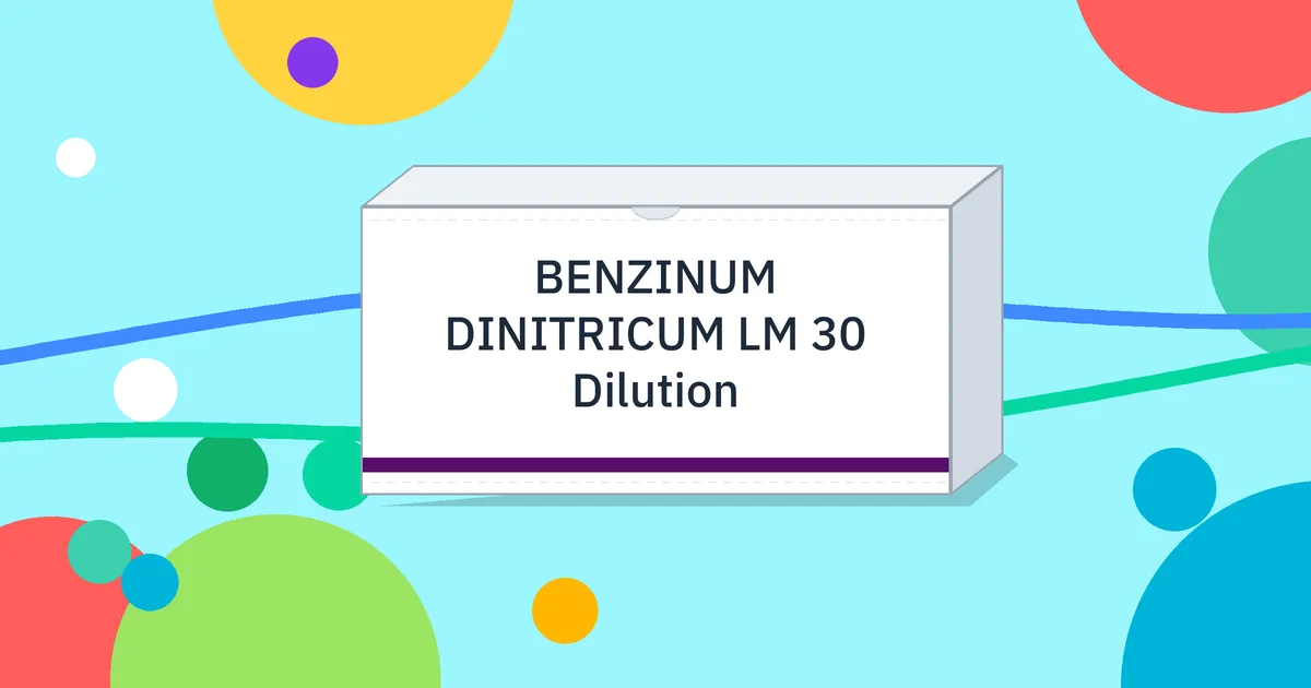 Symbolbild: Packung mit der Aufschrift BENZINUM DINITRICUM LM 30 Dilution (PZN 13382658) – Verfügbarkeit und Bezug in Apotheken in Frankfurt am Main