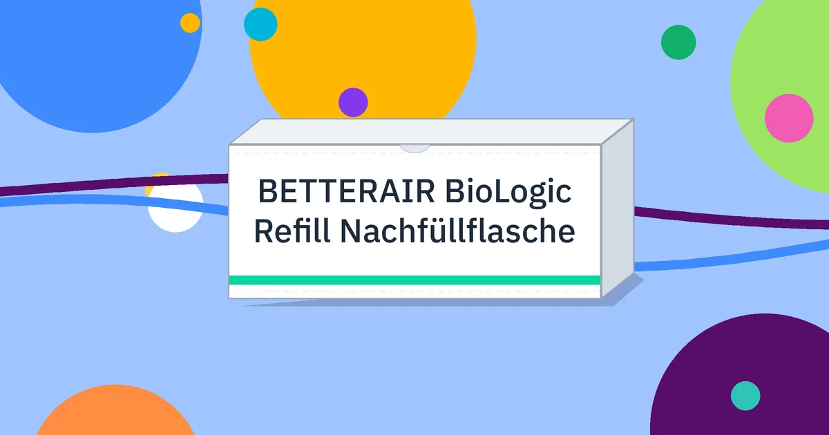 Symbolbild: Packung mit der Aufschrift BETTERAIR BioLogic Refill Nachfüllflasche (PZN 18107106) – Verfügbarkeit und Bezug in Apotheken in Frankfurt am Main