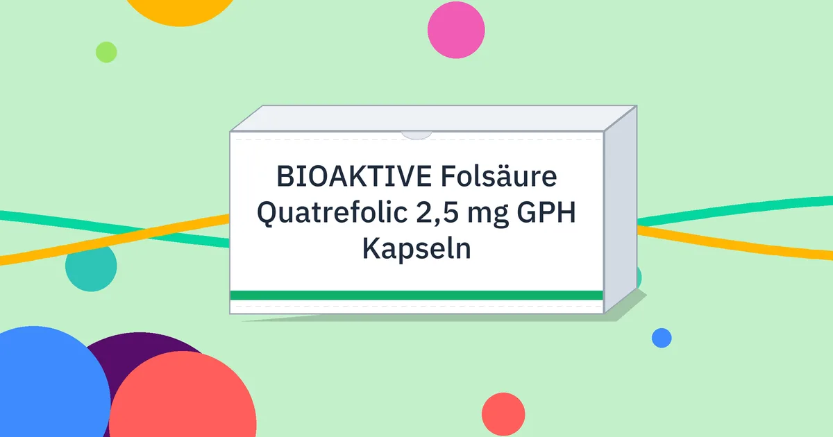 Symbolbild: Packung mit der Aufschrift BIOAKTIVE Folsäure Quatrefolic 2,5 mg GPH Kapseln (PZN 18310468) – Verfügbarkeit und Bezug in Apotheken in Frankfurt am Main