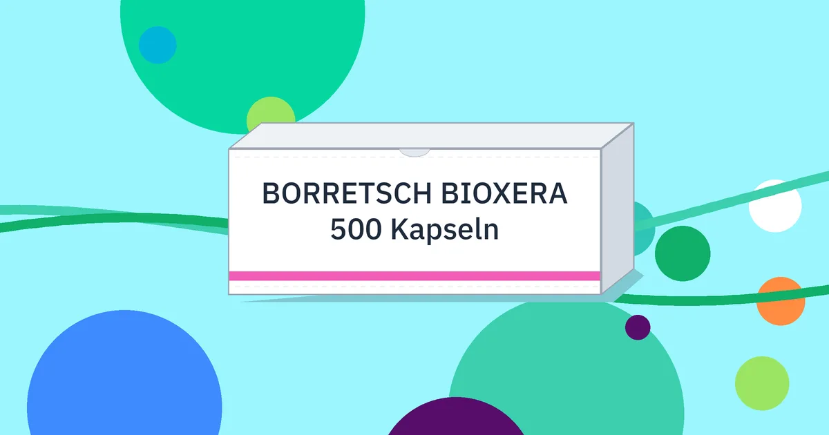 Symbolbild: Packung mit der Aufschrift BORRETSCH BIOXERA 500 Kapseln (PZN 07737850) – Verfügbarkeit und Bezug in Apotheken in Frankfurt am Main