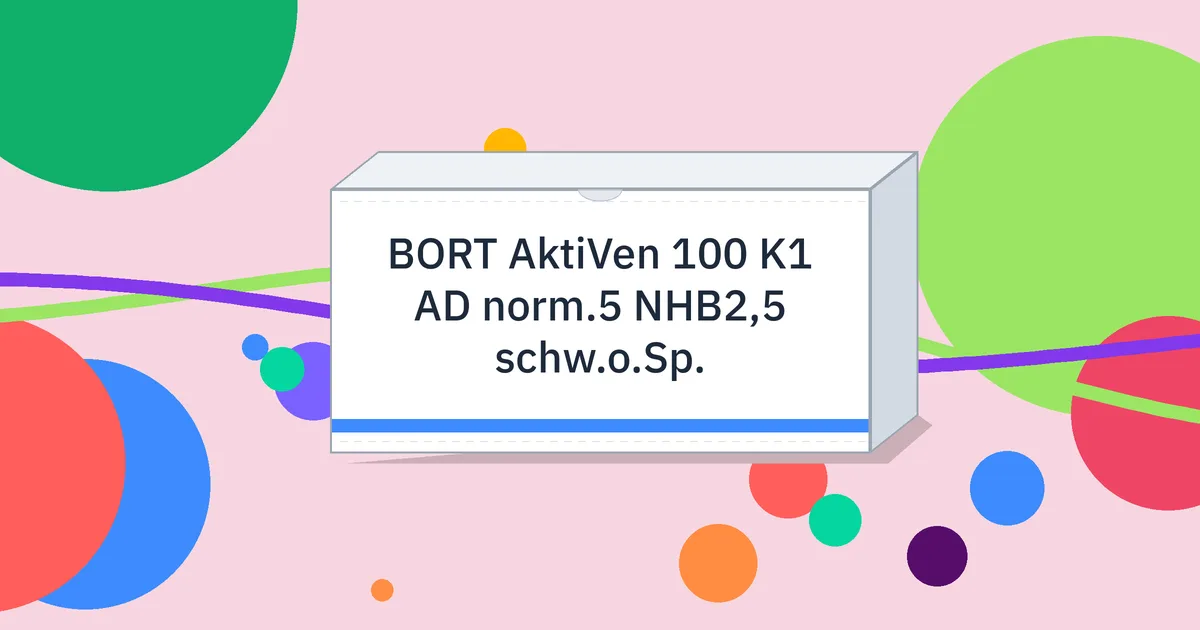 Symbolbild: Packung mit der Aufschrift BORT AktiVen 100 K1 AD norm.5 NHB2,5 schw.o.Sp. (PZN 17501982) – Verfügbarkeit und Bezug in Apotheken in Frankfurt am Main