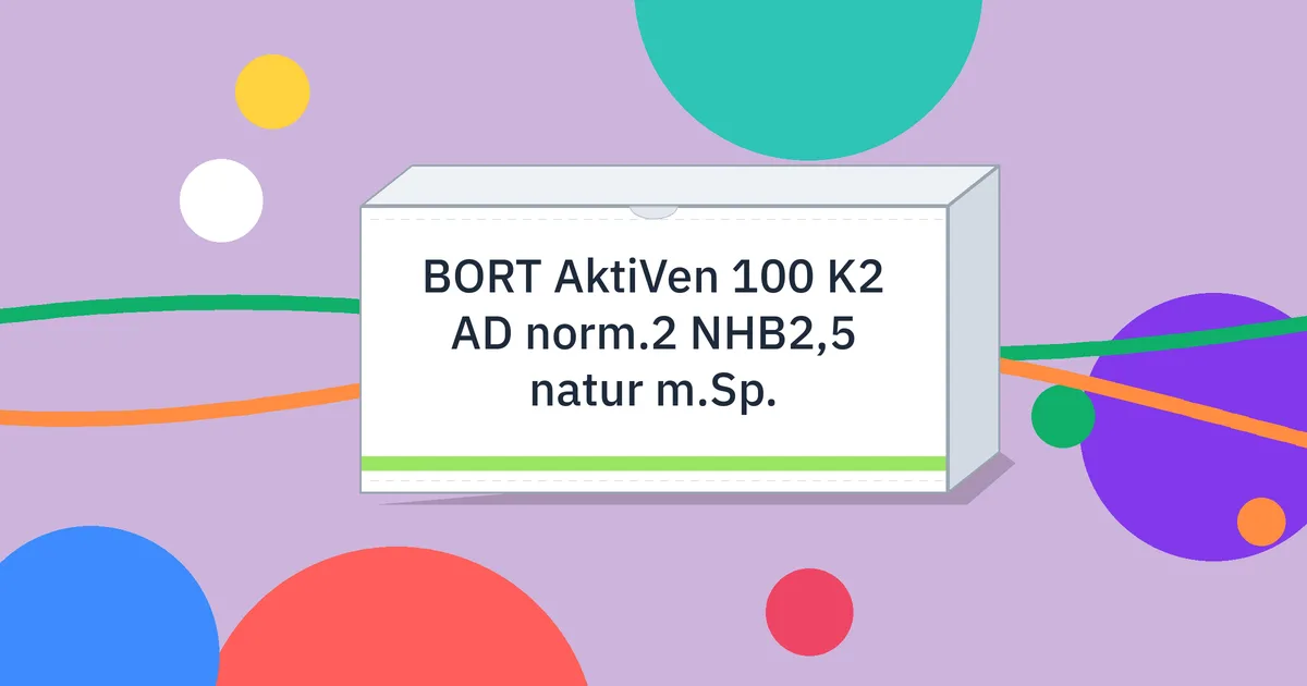 Symbolbild: Packung mit der Aufschrift BORT AktiVen 100 K2 AD norm.2 NHB2,5 natur m.Sp. (PZN 17498725) – Verfügbarkeit und Bezug in Apotheken in Frankfurt am Main