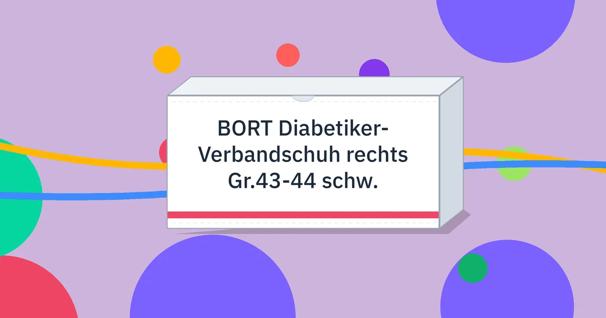 Symbolbild: Packung mit der Aufschrift BORT Diabetiker-Verbandschuh rechts Gr.43-44 schw. (PZN 11581342) – Verfügbarkeit und Bezug in Apotheken in Frankfurt am Main
