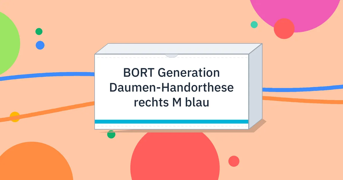 Symbolbild: Packung mit der Aufschrift BORT Generation Daumen-Handorthese rechts M blau (PZN 13911648) – Verfügbarkeit und Bezug in Apotheken in Frankfurt am Main