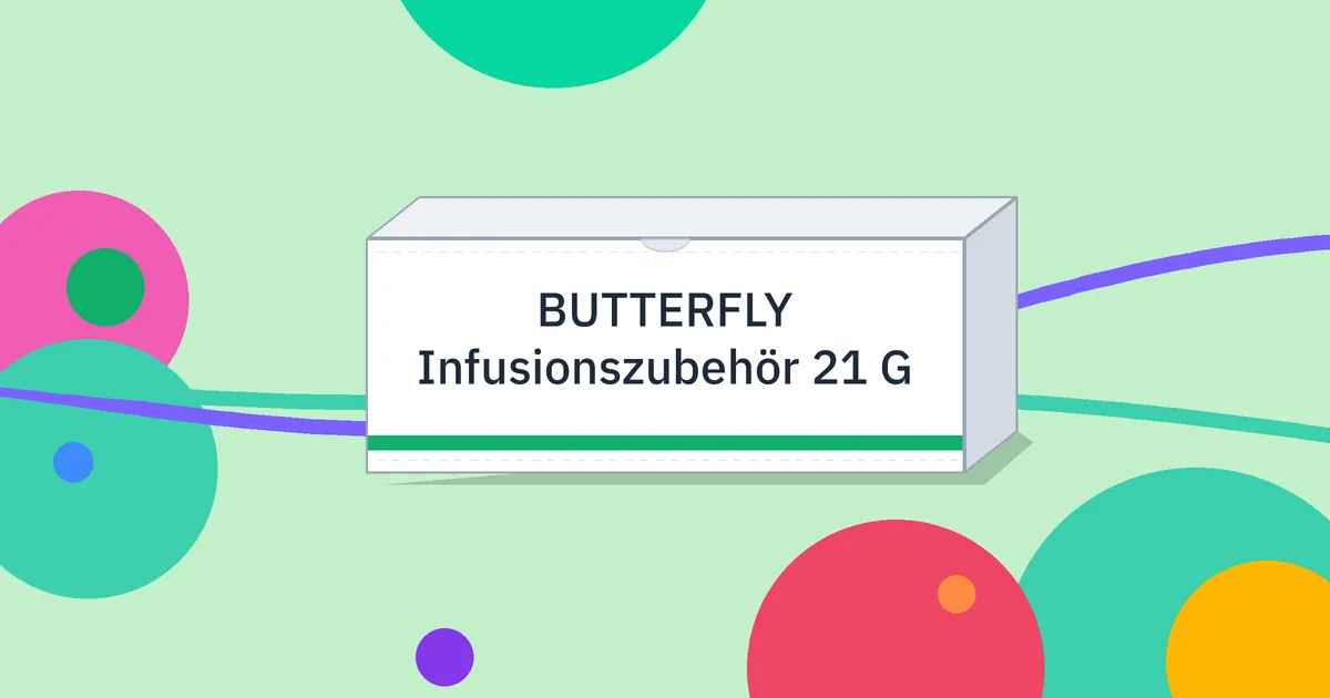 Symbolbild: Packung mit der Aufschrift BUTTERFLY Infusionszubehör 21 G (PZN 16595567) – Verfügbarkeit und Bezug in Apotheken in Frankfurt am Main