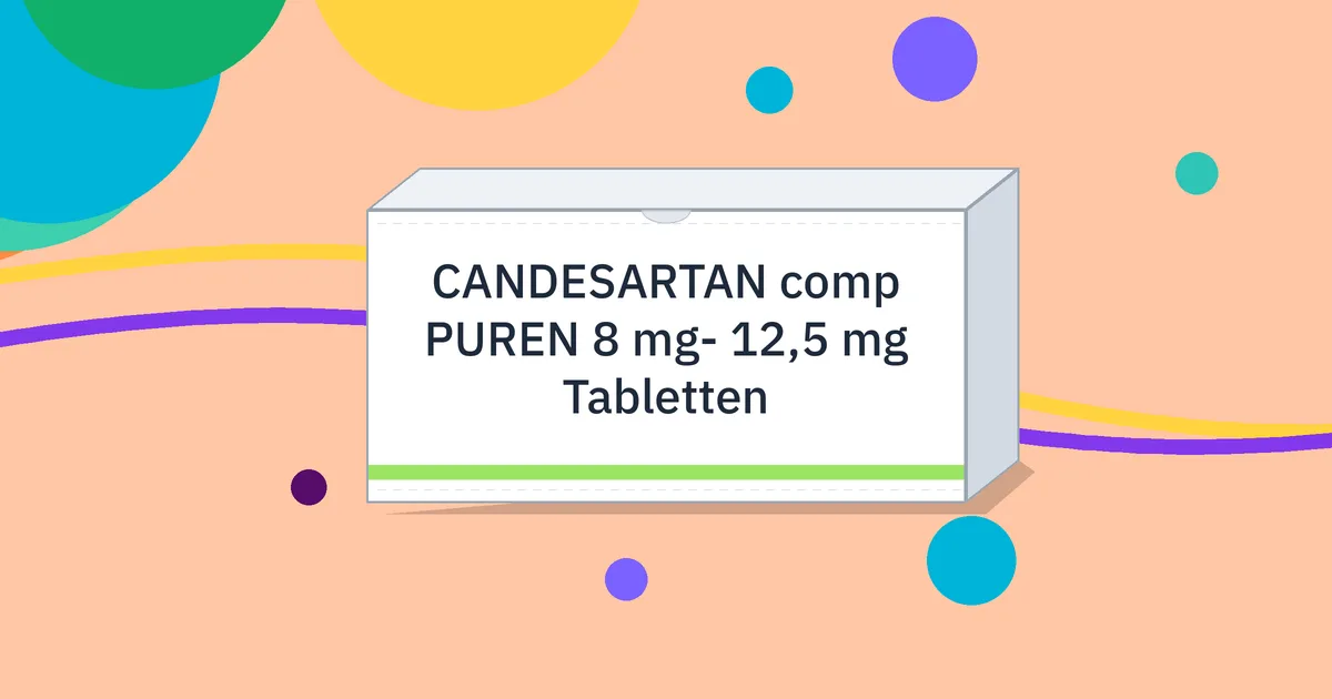 Symbolbild: Packung mit der Aufschrift CANDESARTAN comp PUREN 8 mg- 12,5 mg Tabletten (PZN 11353919) – Verfügbarkeit und Bezug in Apotheken in Frankfurt am Main